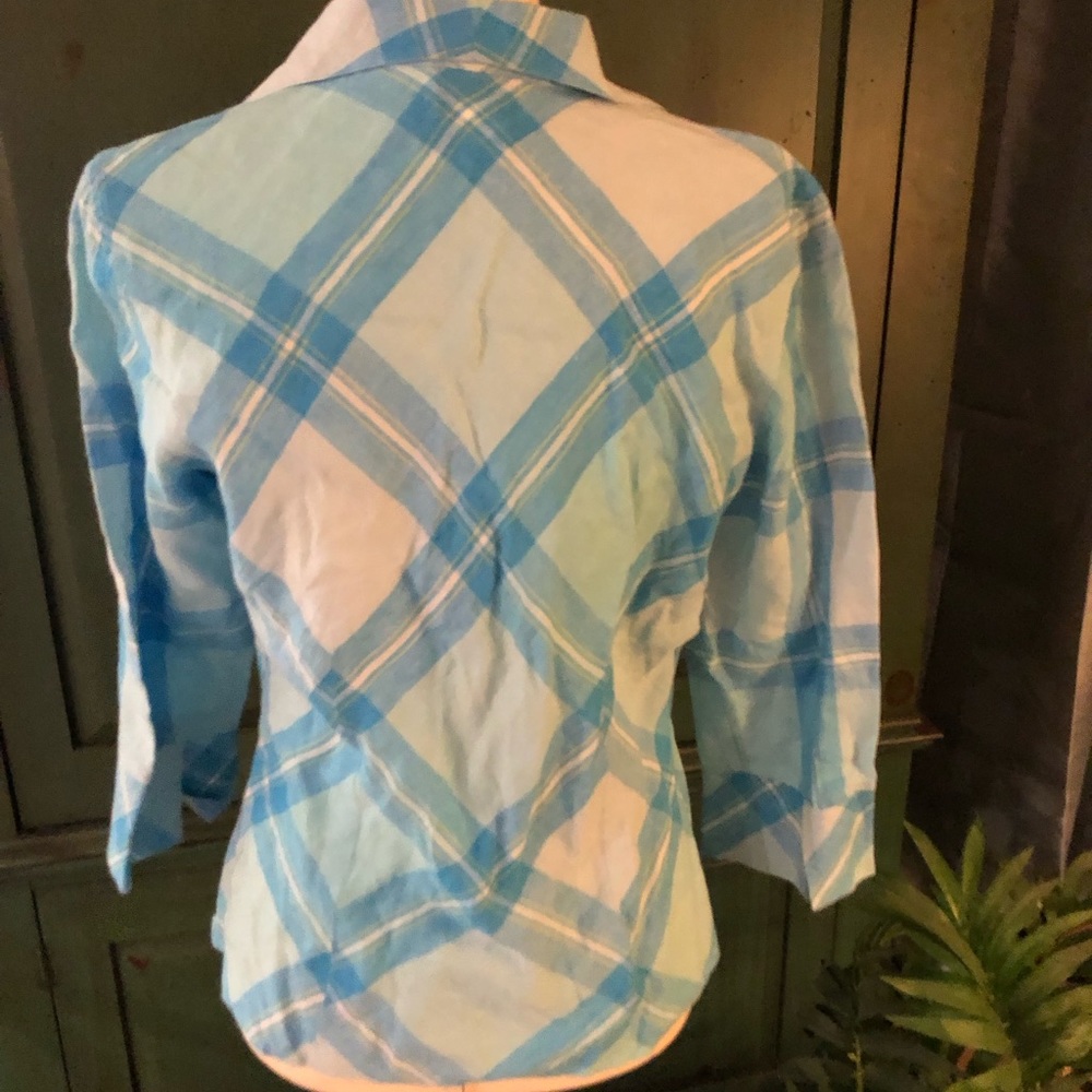 Talbots Light Blue Plaid Linen Blouse Size 8 - Gem